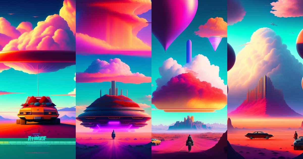 Lexica - A cloud-filled movie poster of an endless path across a ...