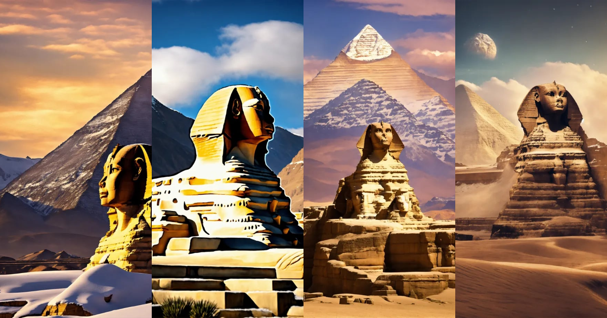 Lexica - Sphinx evolves in the dreamscape among snow-capped mountains.