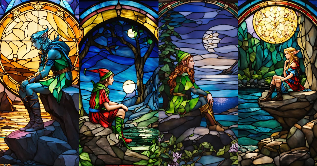 Lexica - Stained glass window of an Elf in the moonlight, sitting on a ...