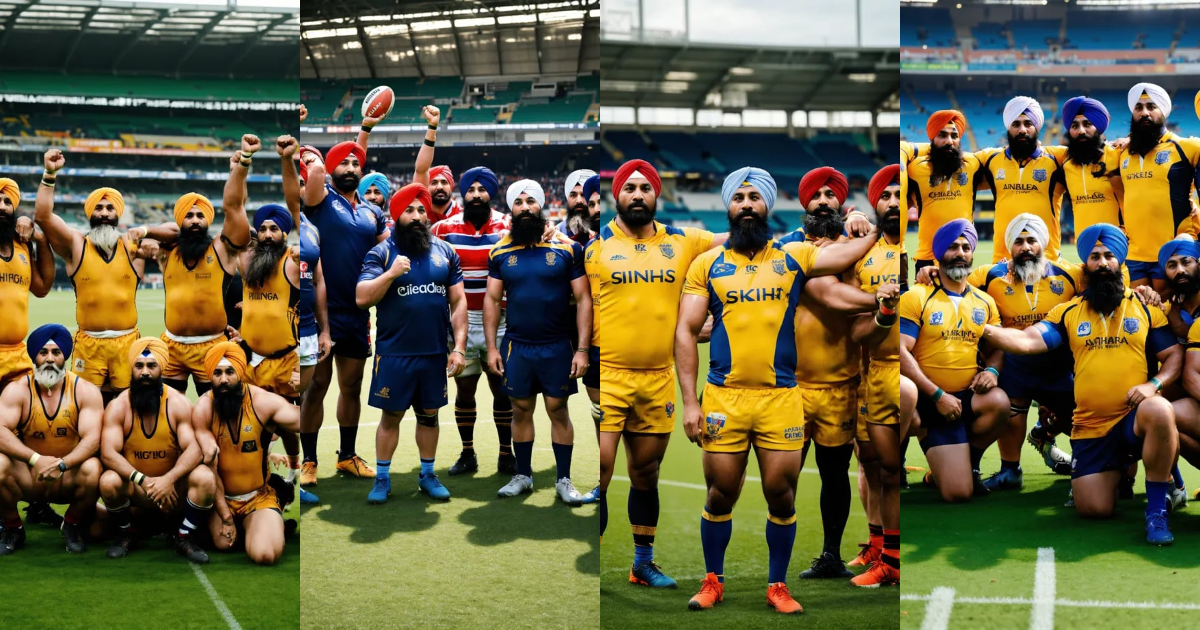 Lexica - A group photo of Sikh, middle-aged, sweaty rugby players, all ...