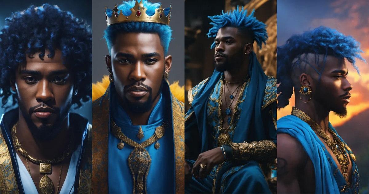 Lexica - Black man blue hair king fantasy 4k