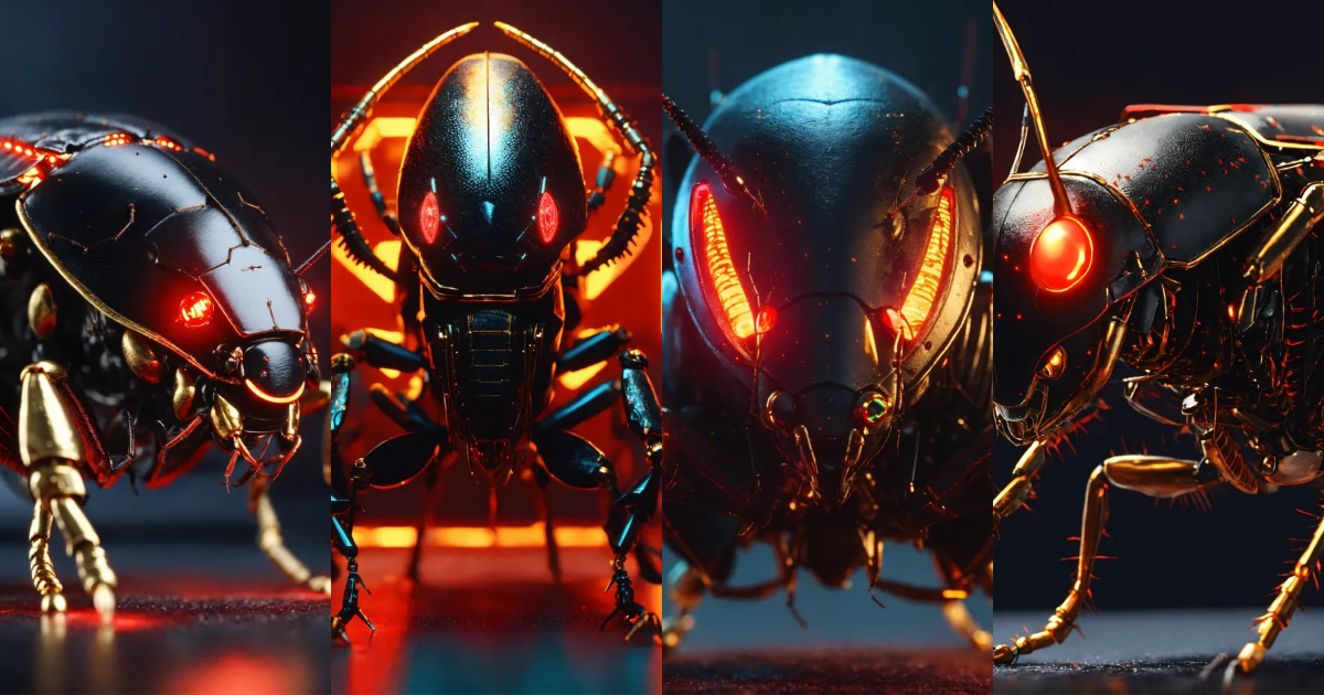 Lexica - Zoom out of black cockroach faced humanoid with red glowing ...