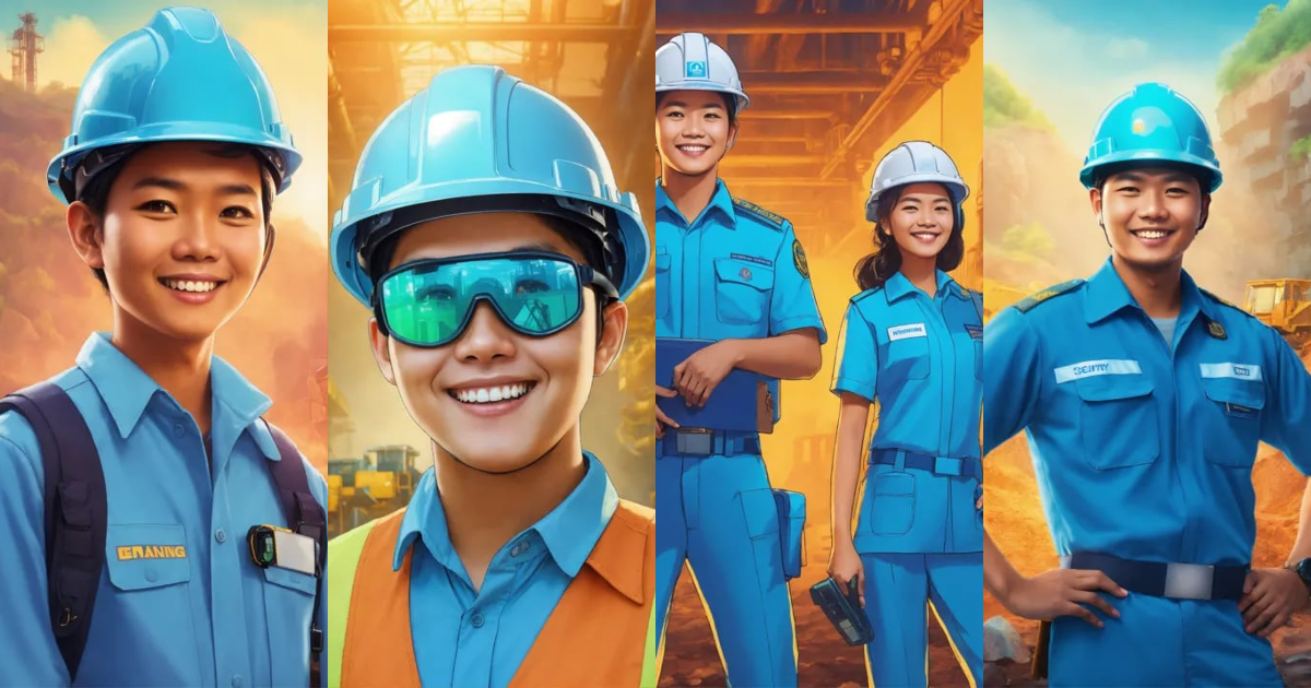 Lexica - Young technical officer wearing light blue engineering uniform, security helmet ...