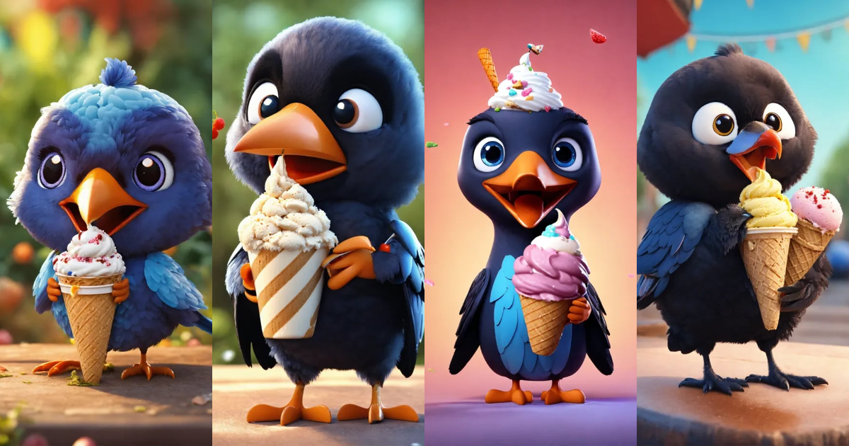 Lexica - A cute 3D crow-like character eating ice-cream, charming ...