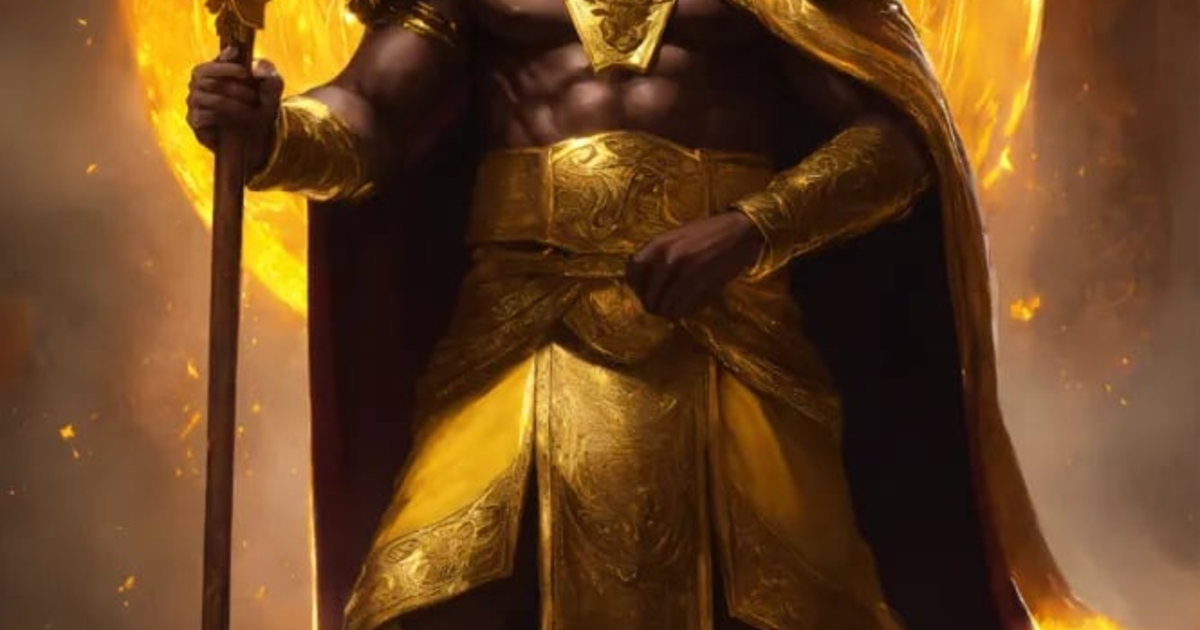 Lexica - Realistic, dark-skinned god, with golden war clothes and ...
