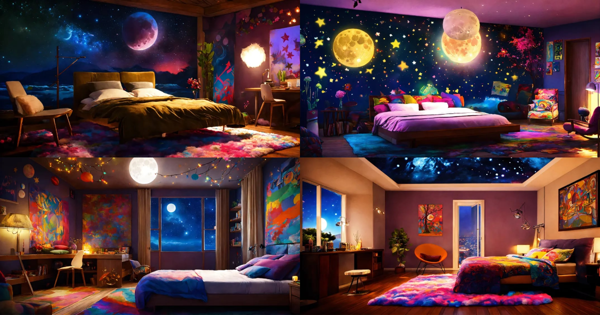 Lexica - Night bedroom, fluffy rug, big comfy bed, moon stars night sky ...