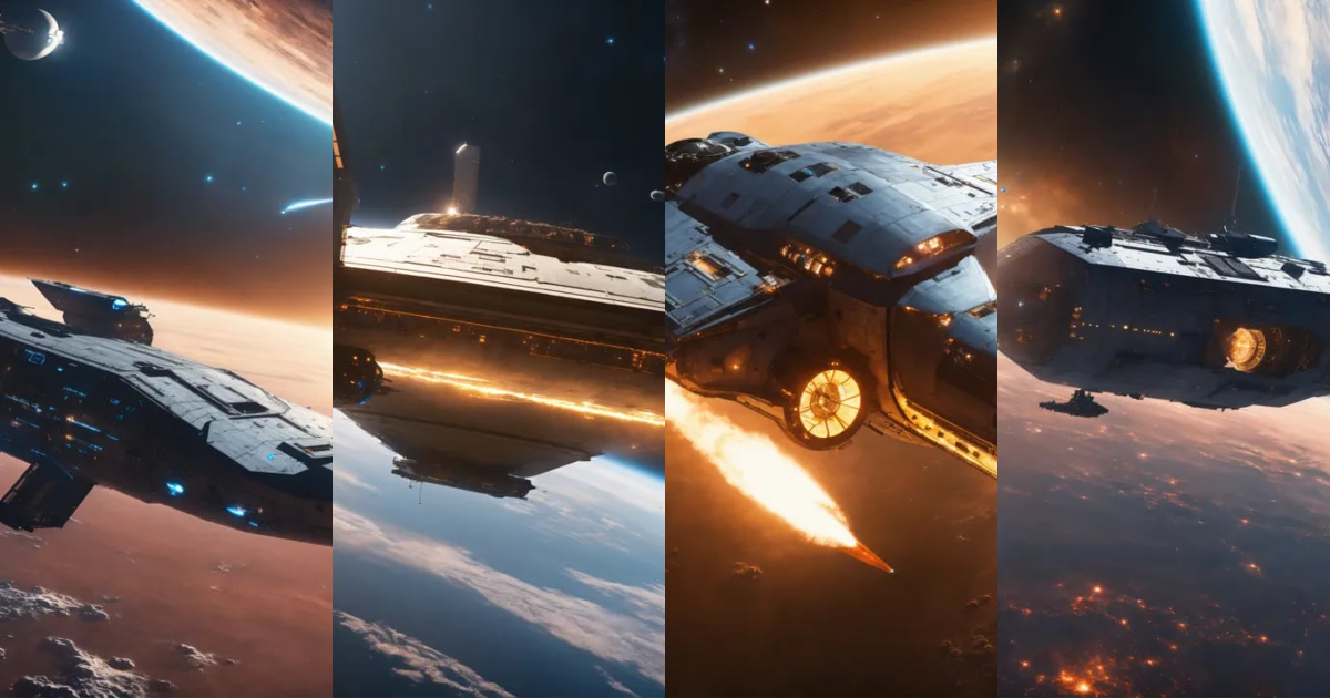 Lexica - Futuristic space craft from rear flying through space toward a ...