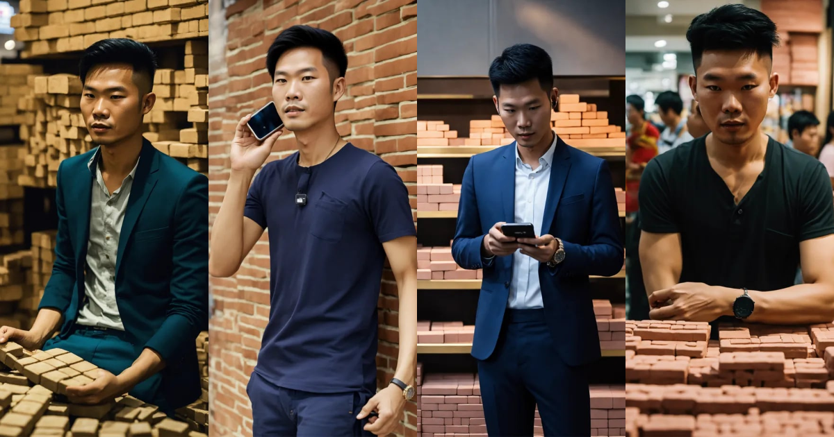 Lexica - A Vietnamese man 30 yaer, a slightly skinny man selling bricks in a high-end store ...