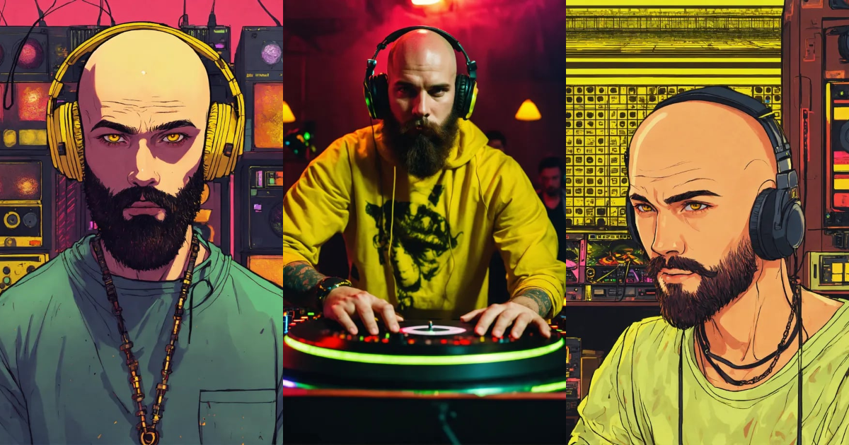 Lexica - A young bald man with beard possessed by the devil. yellow ...