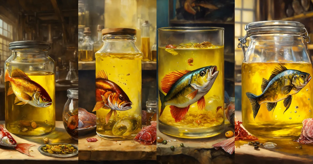 Lexica - Concept art of a vintage glass of yellow oil, fish head and ...