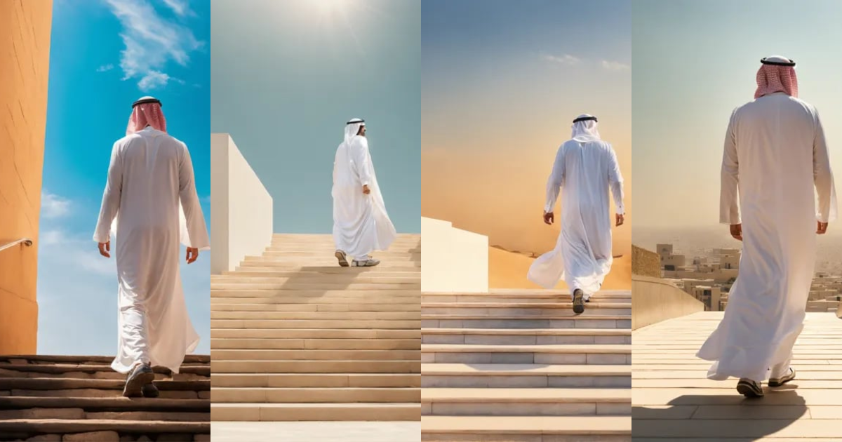 Lexica - Saudi man climbing up six steps only, white costume, Saudi ...