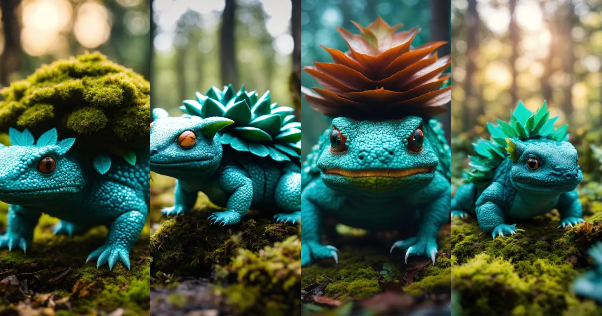 Lexica - A realistic venusaur animal among the trees, forest lake, moss ...