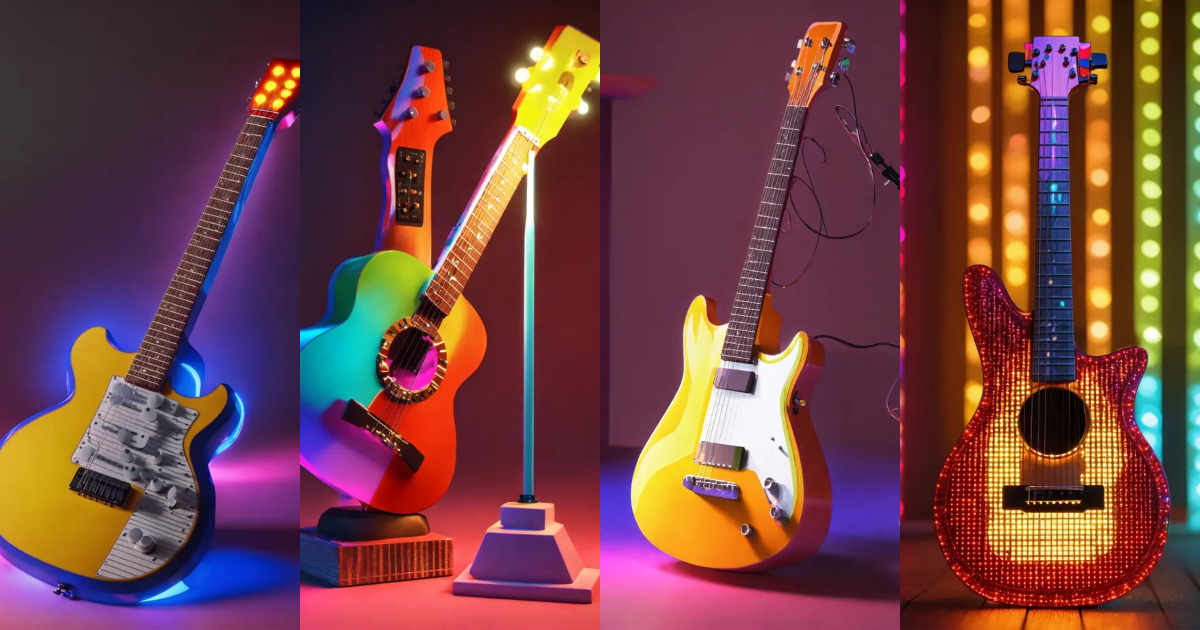 Lexica - A sad LED plays a sad melody on the guitar in sad colors in 3D