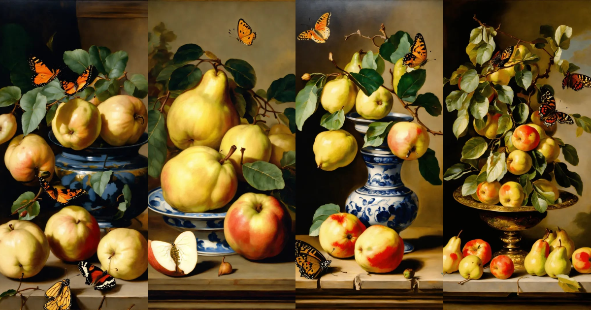 Lexica - Still life with quinces, pears and a butterflies by Peter Paul ...