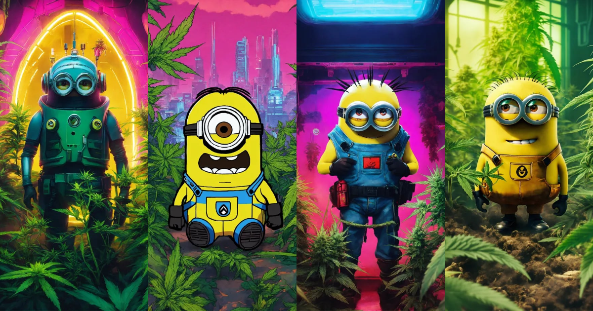 Lexica - Cyberpunk poster of minion surrounded by cannabis plants