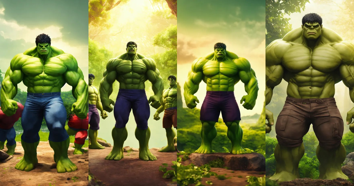 Lexica - 3 Hulk standing together, nature background, 2D render