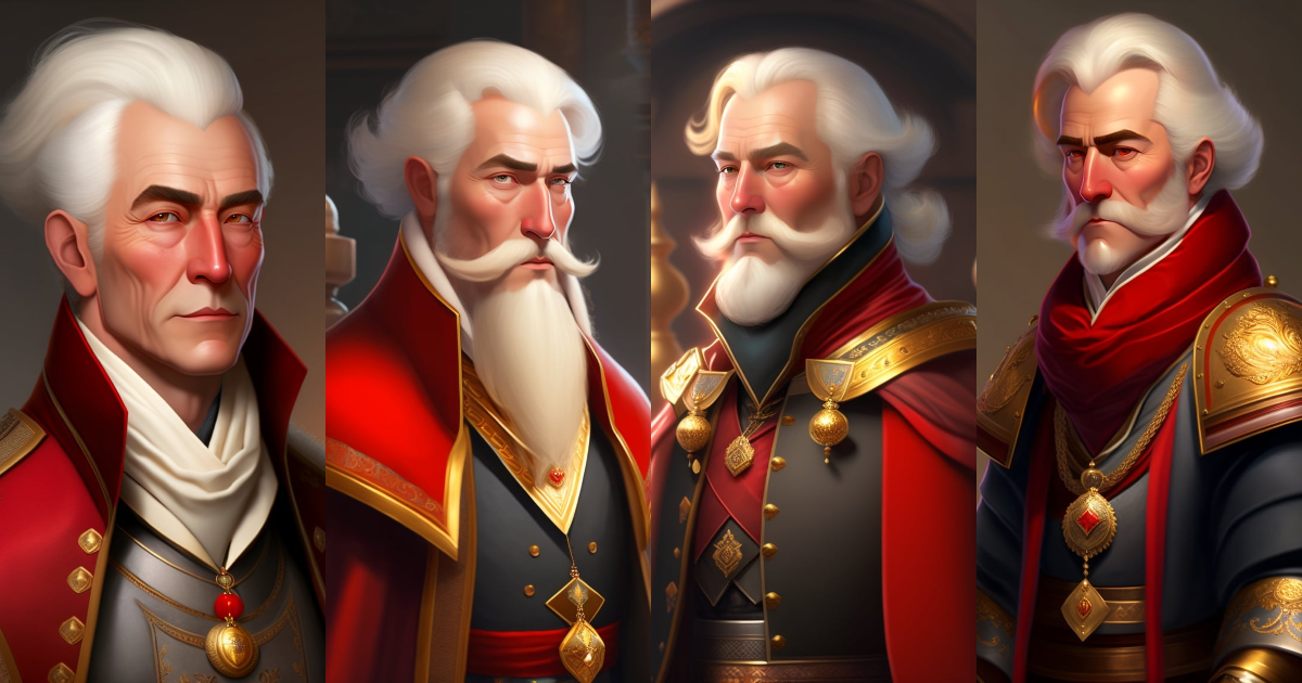 Lexica - A very bad baron, with white hair, noble clothes, a red scarf ...