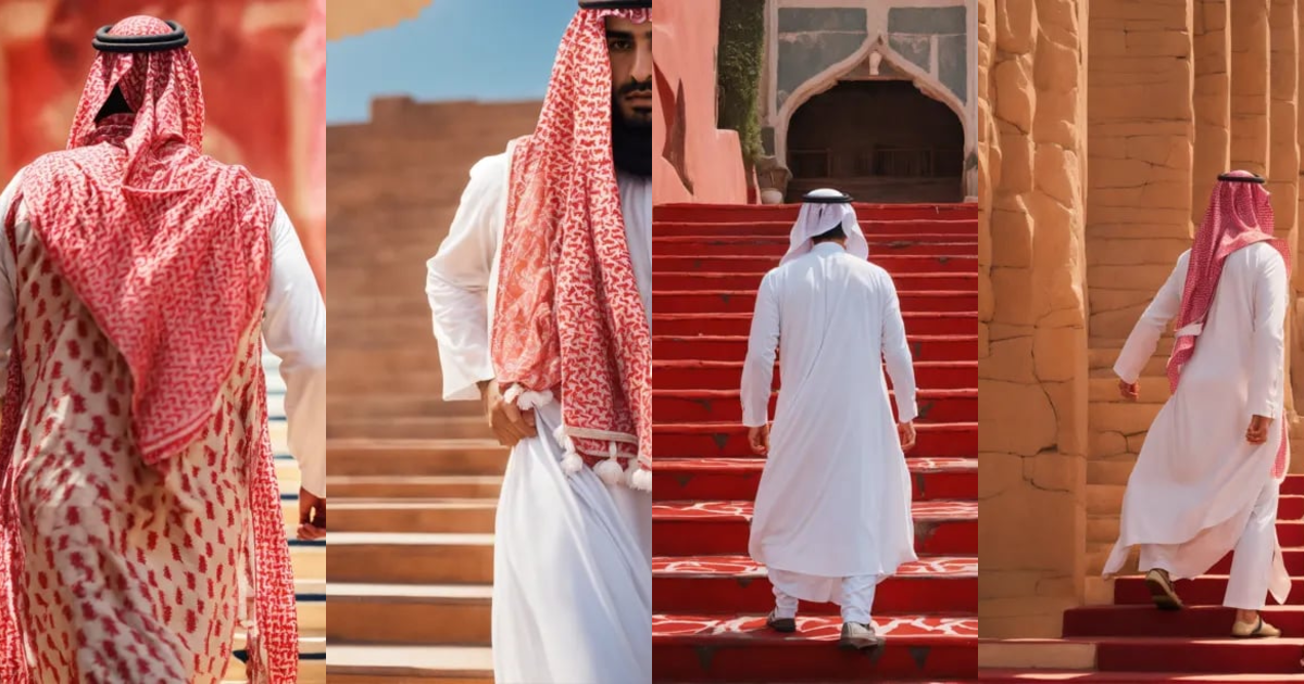 Lexica - Saudi man climbing up steps, looking right, white costume ...