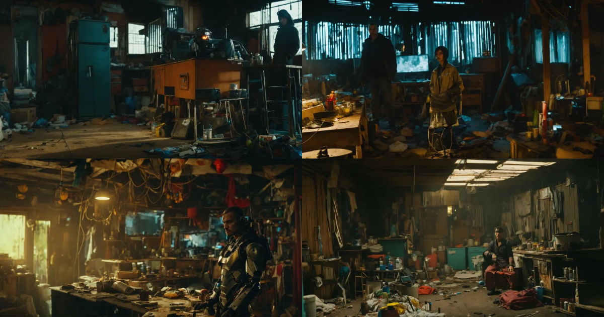 Lexica - Wide angle Environmental shot of evil Cyborg in a cluttered ...