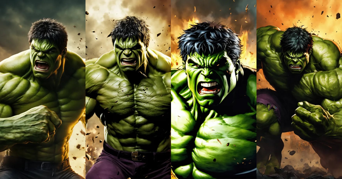 Lexica - The incredible hulk punching in the air, looking angry, no ...