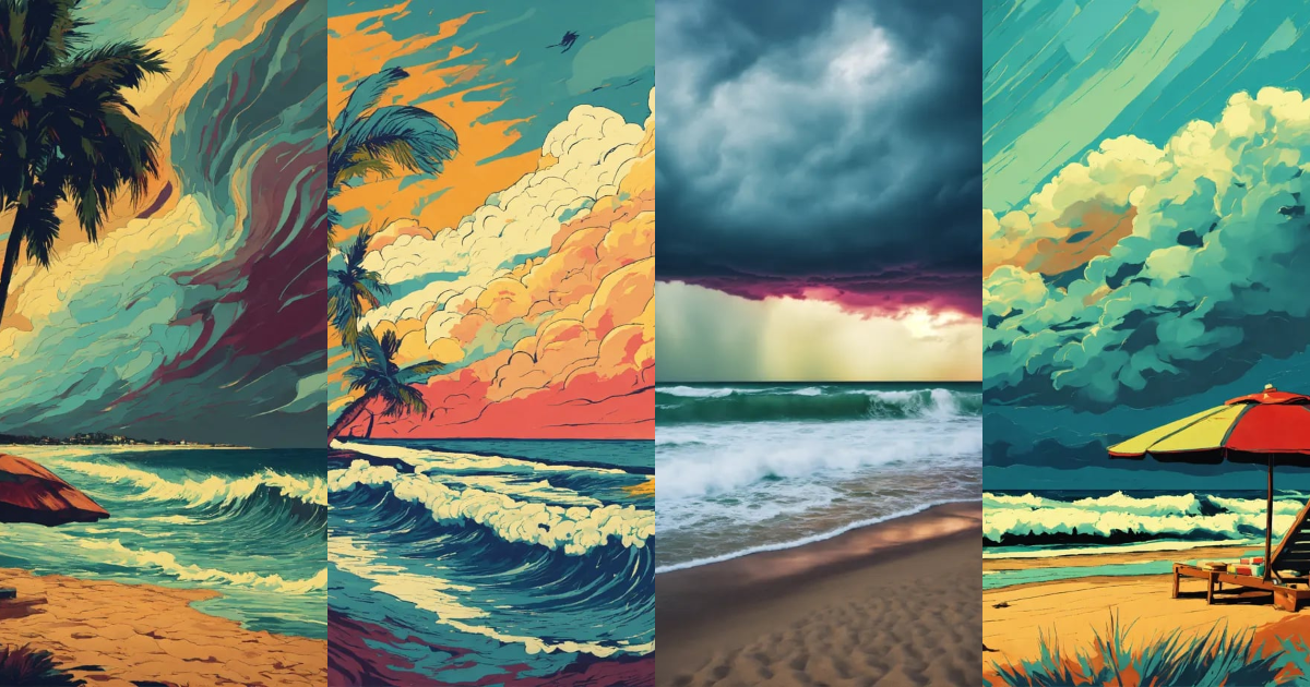 Lexica - Hurricane, storm, beach, pop art with cool tones.