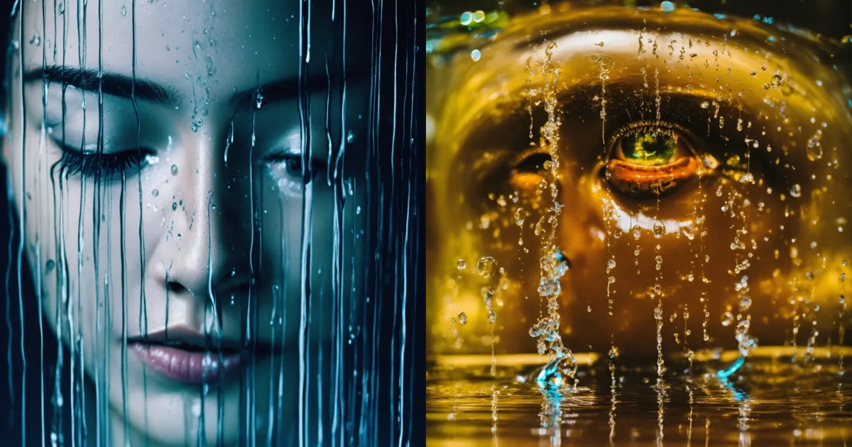 Lexica - Crying face, written in water typography.