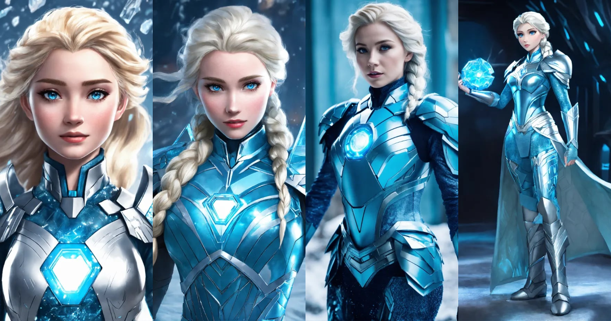Lexica - Female Elsa Frozen wearing metal ice blue Iron Man armor