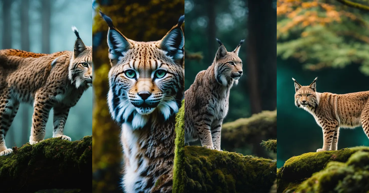 Lexica - Minimal, cinematic, a lynx among the trees, forest lake, moss ...