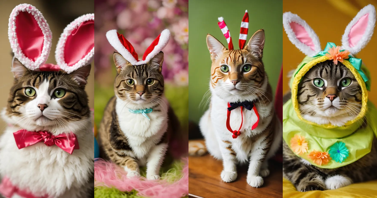 Lexica - Cats dressed up as the Easter Bunny.