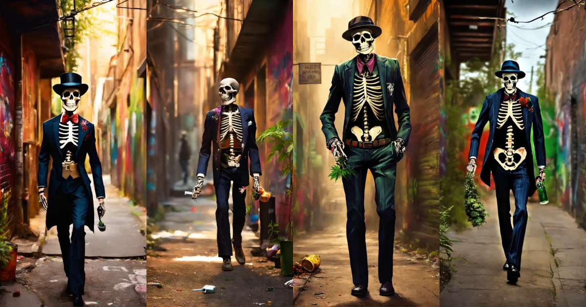 Lexica - Realistic skeleton walking down an alley dressed like a ...