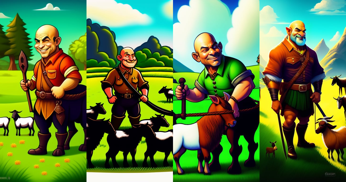 Lexica - A bald happy orc holding a whip while herding goats, green ...