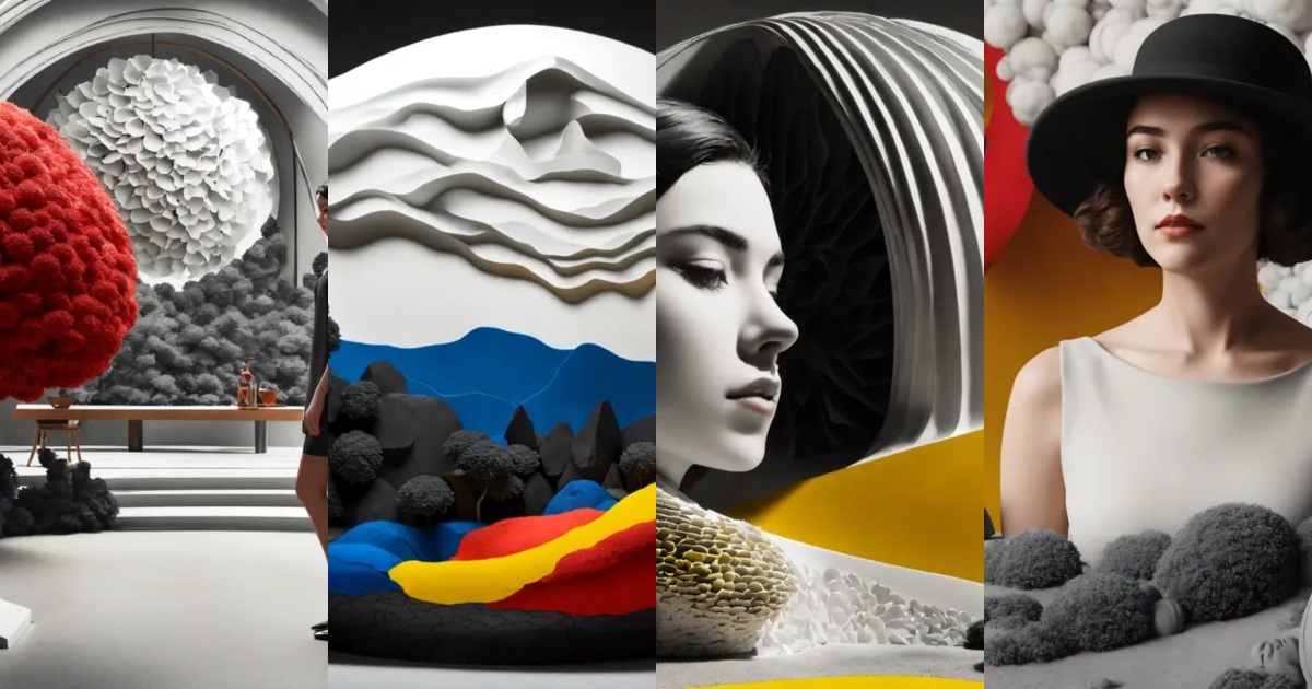Lexica - Black and white, primary colors, 3d abstract modeling clay landscape, young woman ...