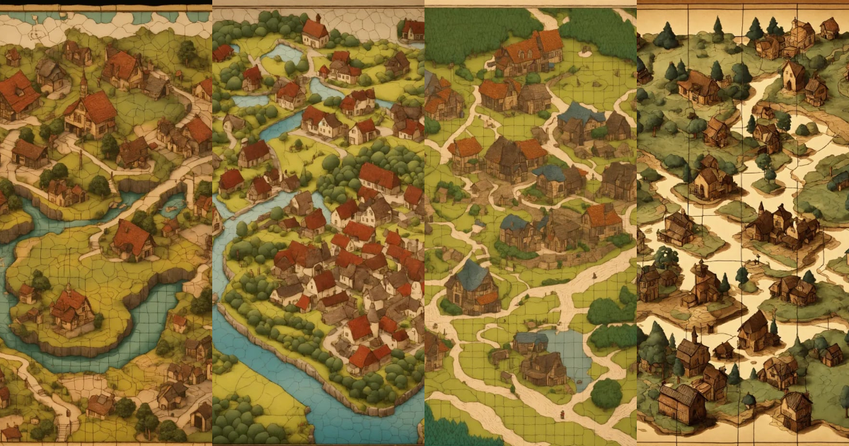 Lexica - Quaint fantasy village, houses, buildings, paths, on map tiles ...