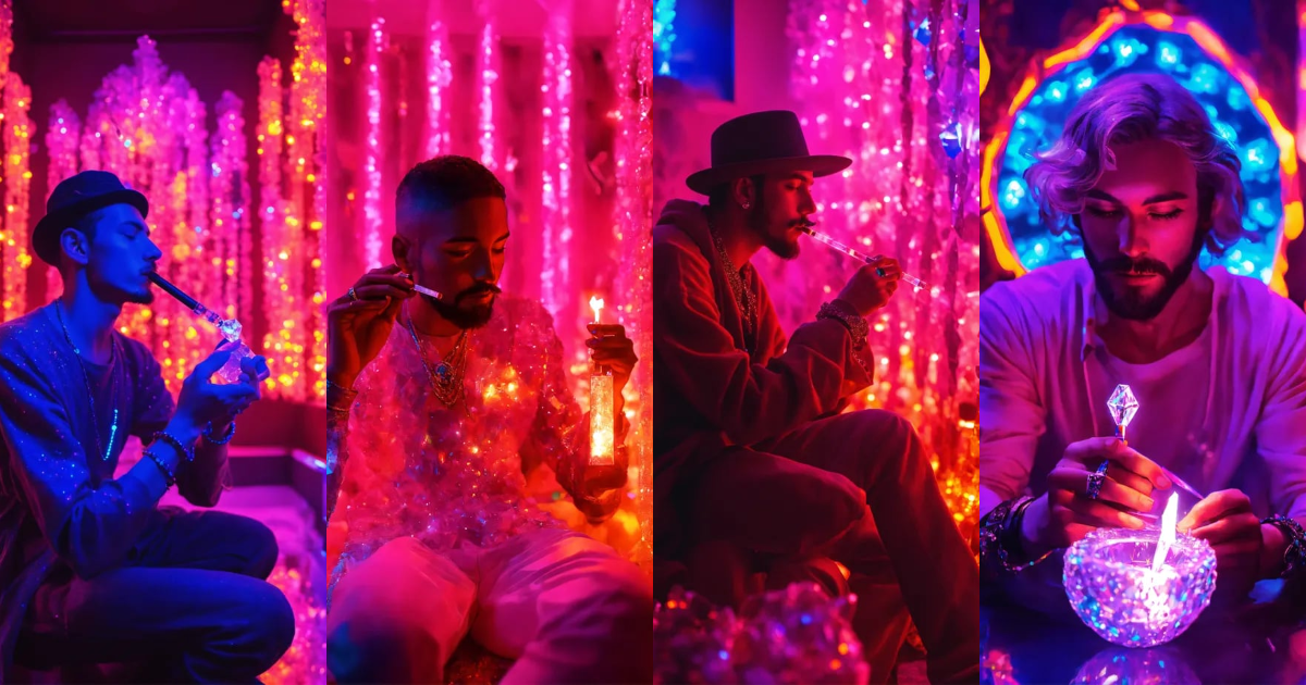 Lexica - A crystal man smoking crystals in a crystal pipe in a DMT ...