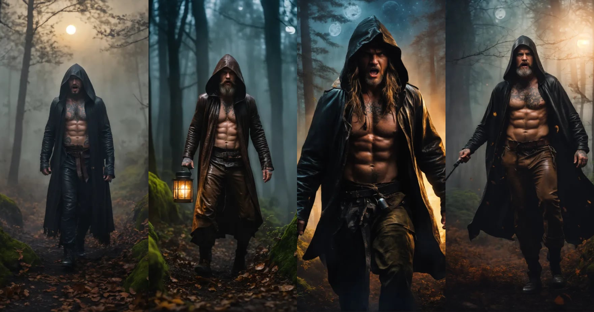 Lexica - In the style of an action movie poster, a thin shirtless hairy ...