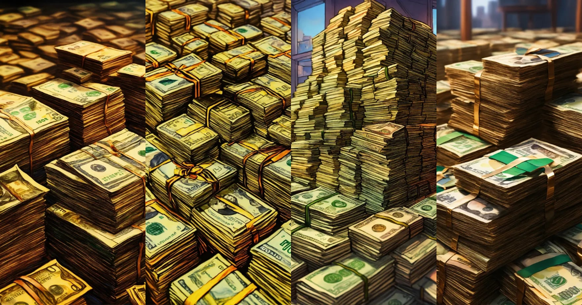 Lexica - A hand drawn painting of many stacks of money on a big table ...