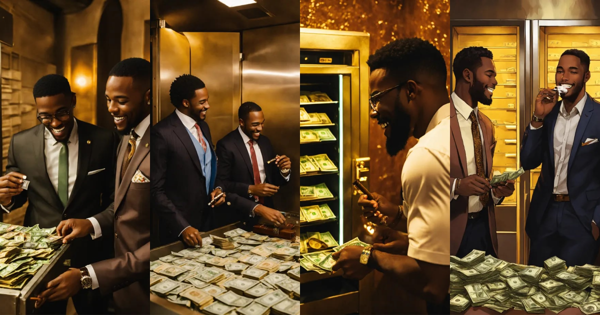 Lexica - Black Men smile counting money and smoking cigar inside a bank ...