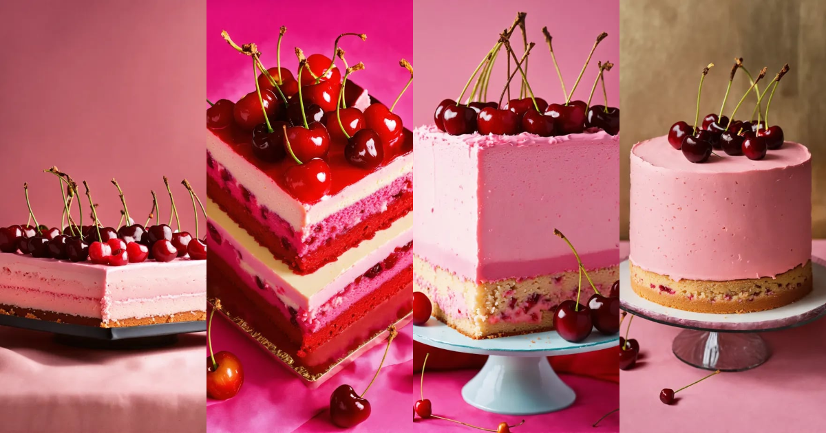 Lexica - A pink rectangle cake with cherries