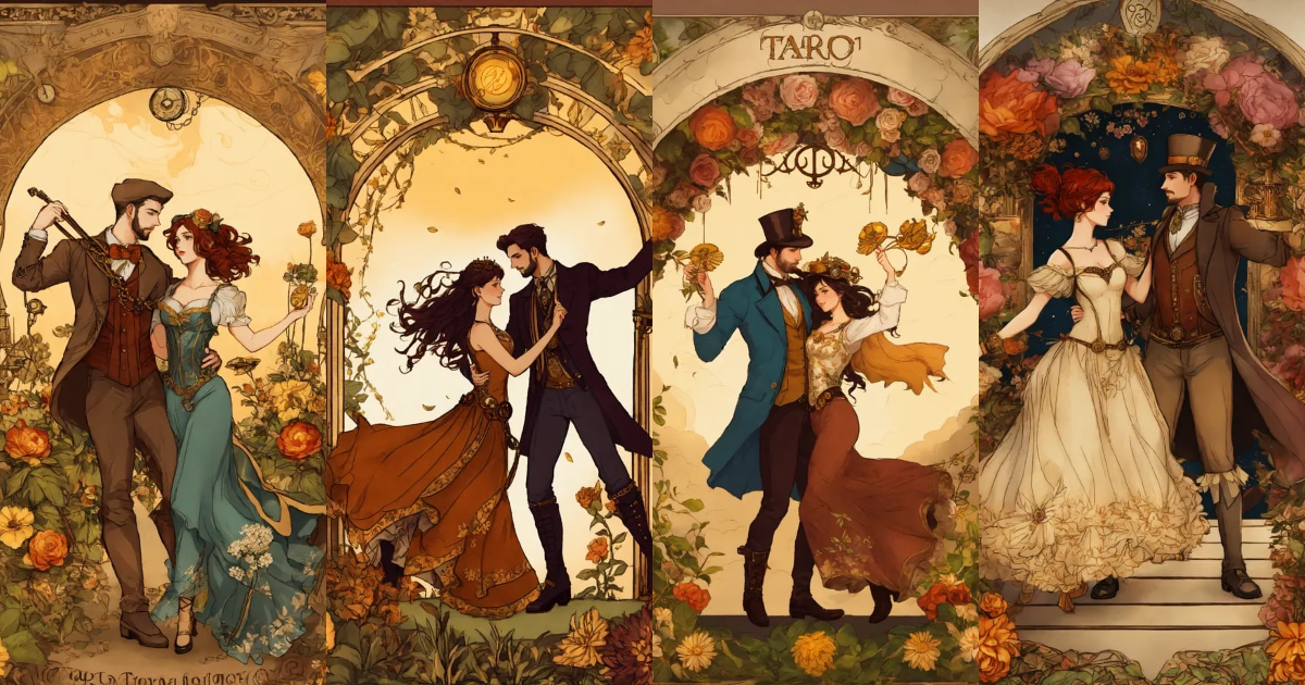 Lexica - Tarot card, man and woman dancing beneath a floral arch ...