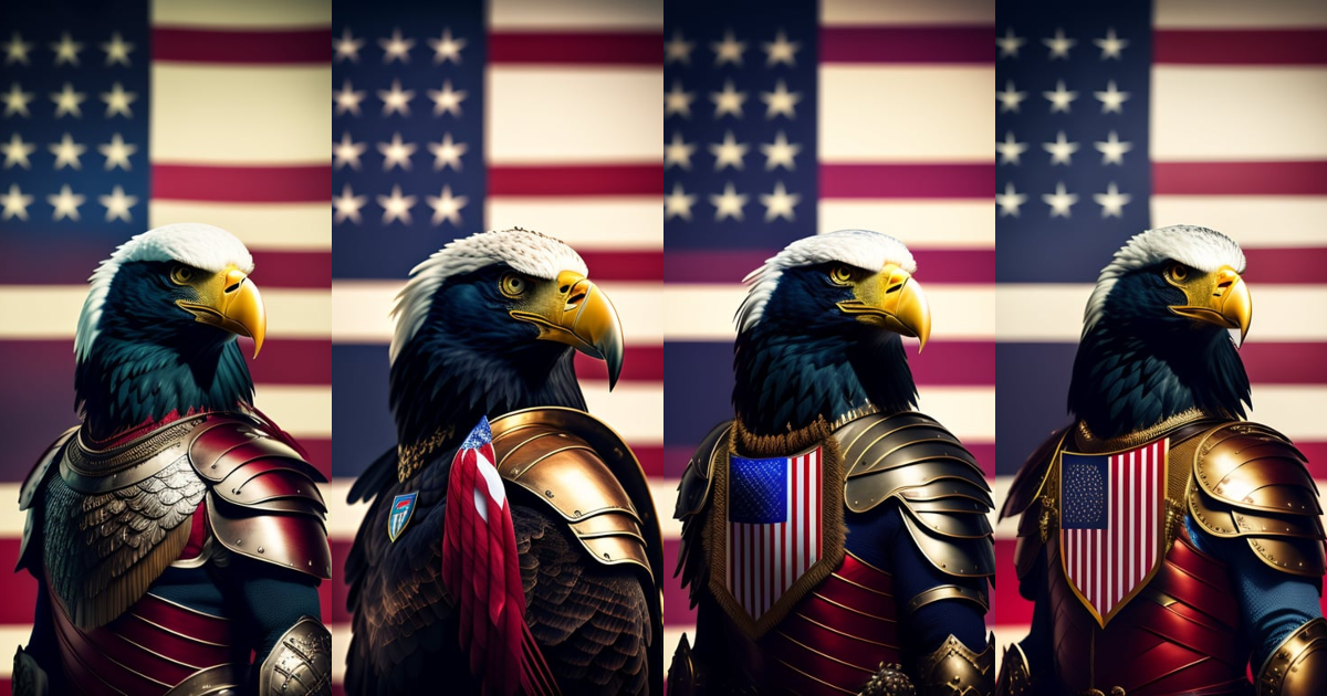 Lexica - Bald eagle wearing armor holding an american flag