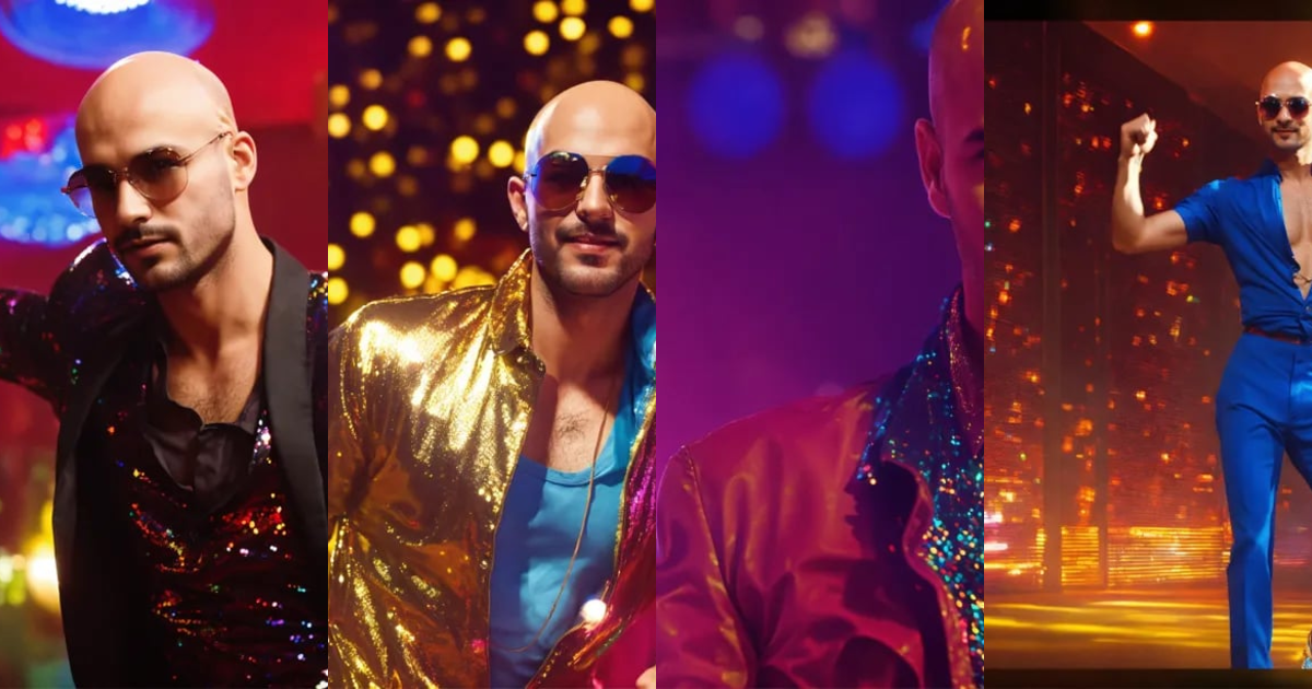 Lexica - Cute man, style disco dancer,eyes visible, dancing, bald hair