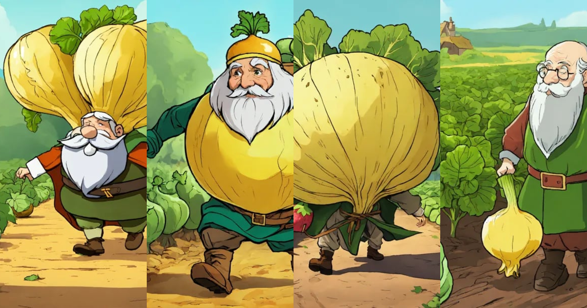 Lexica - Cartoon style giant yellow turnip with huge green leaves is in ...