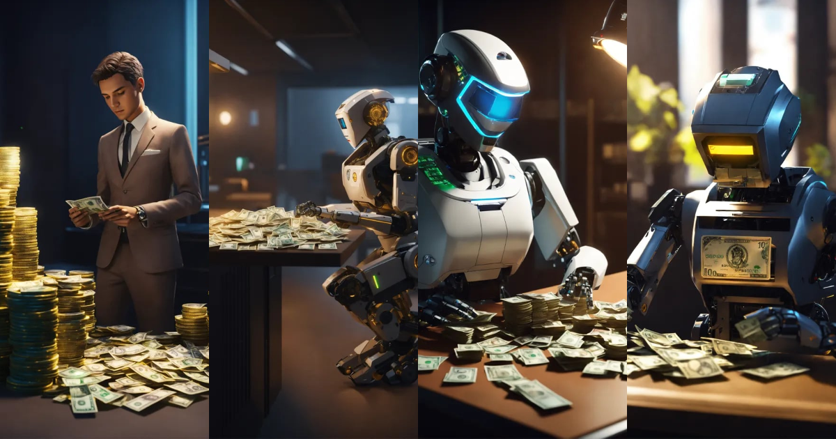 Lexica - A detailed robotic bank manager counting cash, intricate ...