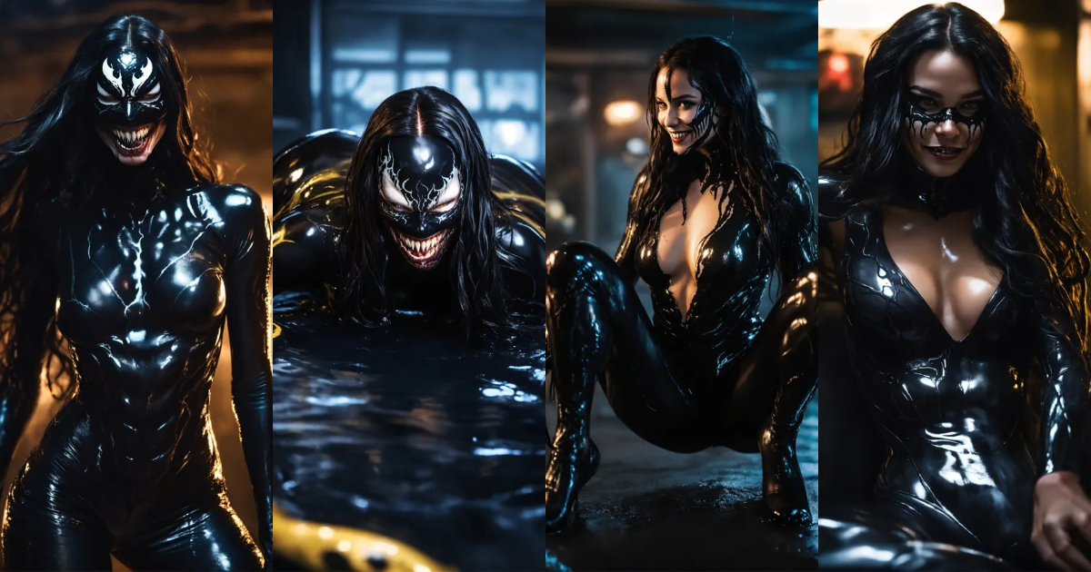Lexica - An ultrarealistic full body photograph of woman venom symbiote, laying in dark black ...