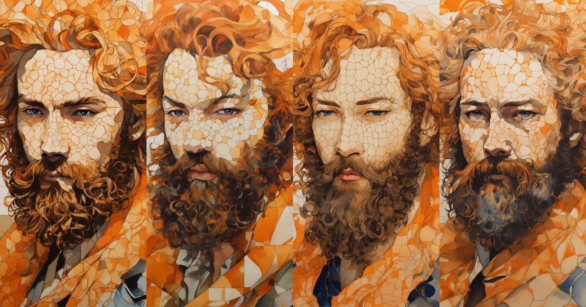 Lexica - A portrait. a long-bearded man with curly orange hair swirling ...