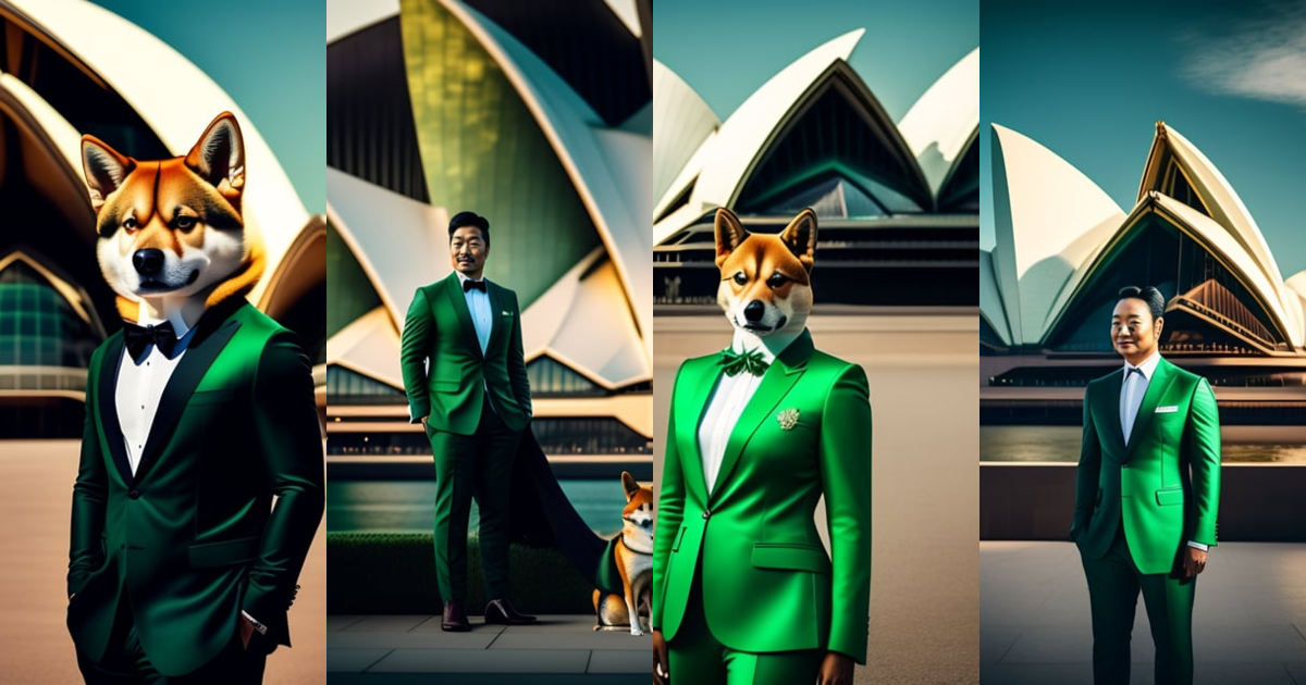 Lexica - Medium Shot of a standing shiba inu dressed in a fancy green ...