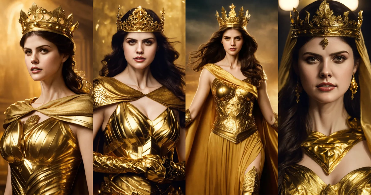 Lexica - Alexandra Daddario as greek goddess in golden armor with crown ...