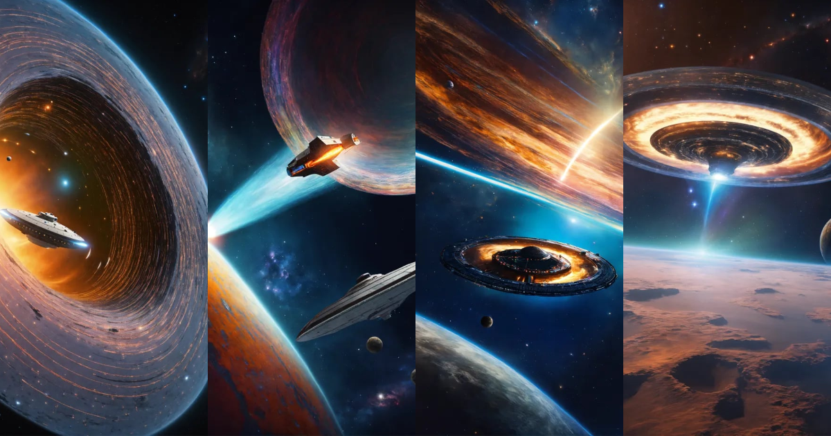 Lexica - Spaceship in cosmos approaching a wormhole, side view.