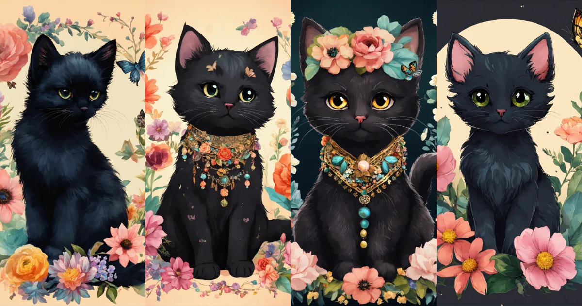 Lexica - Cute black kitten Clip Art, Boho Flower clipart Cat, Boho ...