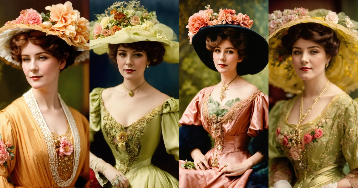 Lexica - A 1910 lady wearing a tea gown and Merry Widow hat